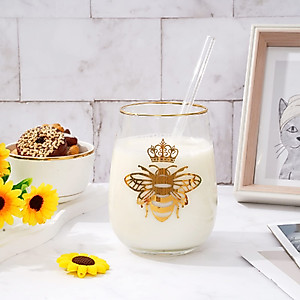 Whaline 17oz Queen Bee Stemless Wine Glasses with Gold Rimmed 2Pcs Bee Day Drinking Glasses Summer Tumbler Cups Bee Party Cups for Bee Party Supplies Kitchen Decorations Gifts