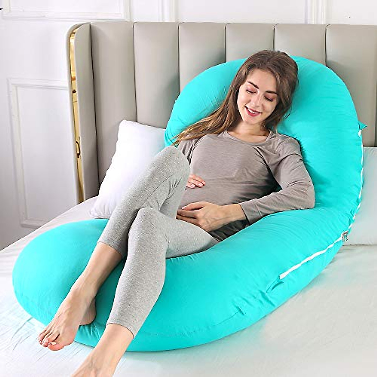 CDEN Pregnancy Pillow, C Shaped Full Body Pillow 52", Maternity Pillow Support for Back, Legs, Neck, HIPS for Pregnant Women with Removable Washable Jersey Cover(Lakeblue)