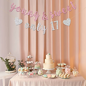 INNORU Young & Sweet Only 17 Banner - Happy 17th Birthday Party Decor for Girls - Cheers to 17 Years Party Decorations Supplies, Pink & Silver Glitter