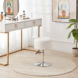 RUCUKEN Adjustable Ottoman Stool White Vanity Stool Vanity Chair for Makeup Room Stool Chair for Vanity Stool with Storage Makeup Stools with Storage Swivel Makeup Chair for Bathroom Faux Leather