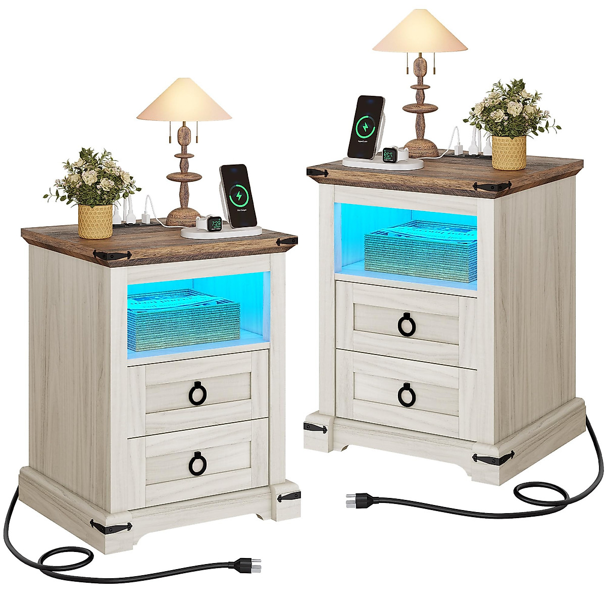 YITAHOME Farmhouse Nightstand with Charging Station, 2 Drawers Night Stand for Bedroom, LED End Table Side Table w/Open Shelf, Set of 2, Off White+Walnut Grain