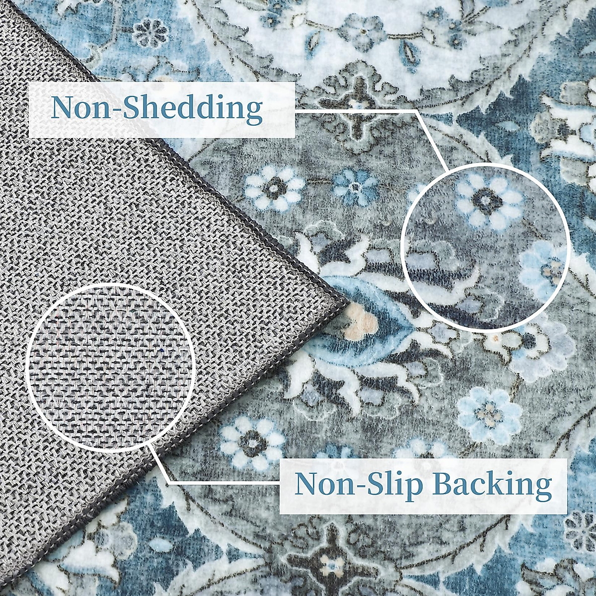 GarveeHome Washable Area Rug Moroccan Trellis Living Room Rug Non-Slip Stain Resistant Accent Rug Vintage Distressed Floral Floor Cover Carpet for Bedroom Laundry Room, 4' x 6', Blue/Grey