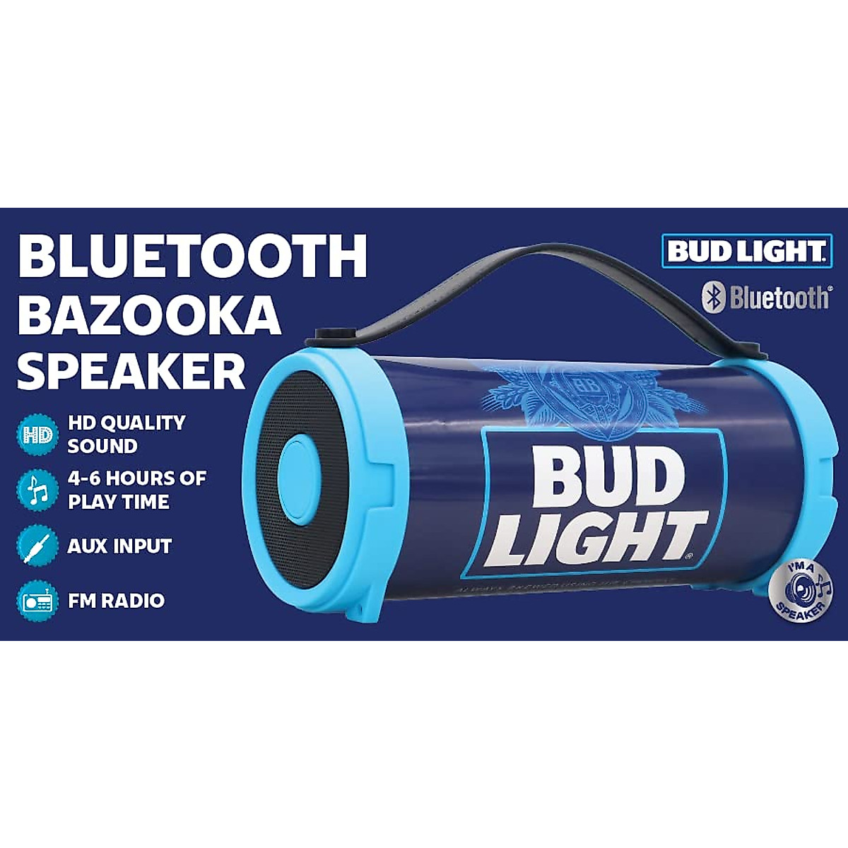 Bud Light Bluetooth Speaker Bazooka Speaker Portable Wireless Speaker with Rechargeable Battery Ideal for Indoor and Outdoor Activities Loud and Bass Audio Sound Easy to Carry Anywhere with FM- Radio