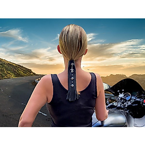 Black Leather Hair Wrap 6" inch to 22" inch - Handmade Ponytail sleeve & Protective Long Hair Saver | Colorful Bike Hair Tie Motorcycle Helmet Accessory with Fringe & Crystals | Made in USA