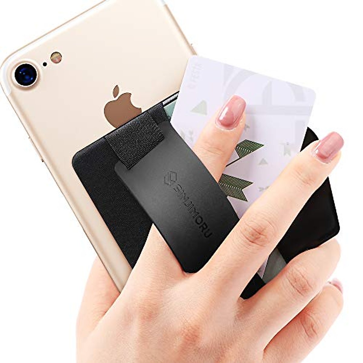 Sinjimoru Phone Grip Card Holder with Phone Stand, Secure Stick on Wallet for iPhone with Pop Out Stand for Table. Sinji Pouch B-Grip Black