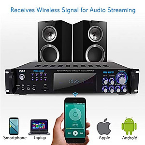 4 Channel Bluetooth Power Amplifier - 1000W Home Audio Rack Mount Stereo Receiver w/AM FM Radio, USB, Headphone, Dual Wireless Mic w/Echo for Karaoke, LED, for Speaker Sound System - Pyle PWMA1003BT
