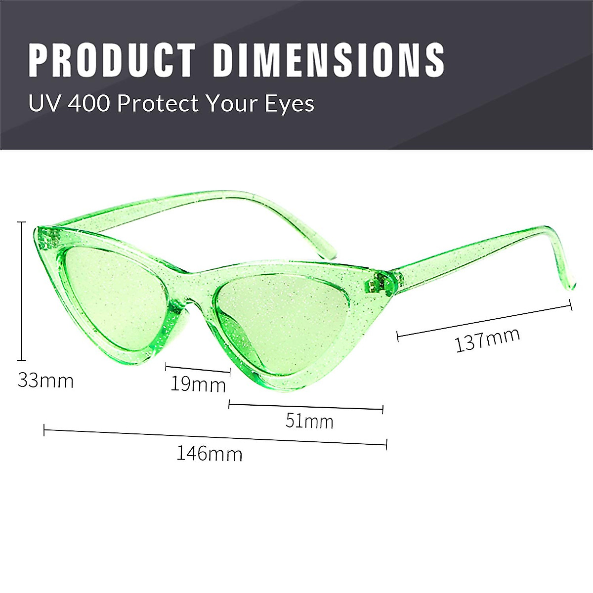 GIFIORE Retro Vintage Cat Eye Sunglasses for Women Trendy Narrow Cateye Frame Sun Glasses (Neon Green Frame Green Lens with Glitter)