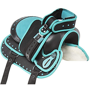 Acerugs 10" 12" 13" Synthetic Western Youth Kids SEAT Quarter Horse Saddle TACK PAD Headstall REINS Breast Collar Set (Turquoise, 12")