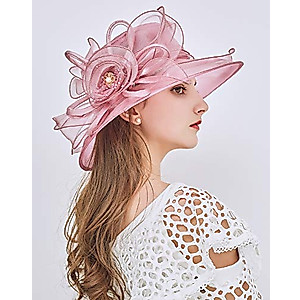 Z and X Organza Church Fascinator Kentucky Derby Hats for Women Flower Wedding Tea Party Hat Wide Brim Sun Hat Pink,purple,One Size