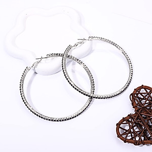 BSJELL Large Hoop Earrings for Women Rhinestone Crystal Big Circle Hoops Stud Earrings Fashion Bridal Wedding Jewelry,Gold/Rose Gold/Silver Plated (Black-70mm)