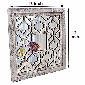 qmdecor Square Rustic Distressed White Framed Wall Decorative Mirror 12x12 inches Modern DIY Fashion MDF Wood Material Wall-Mounted Mirrors Set of 2 Pieces