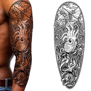 Tatodays 2 x Temporary tattoo full arm caribbean pirate kraken stick on body art transfer for women and men cosplay halloween adult temp tattoo for arms fancy dress