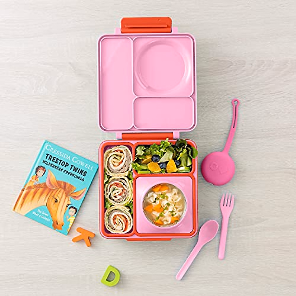 OmieBox Deluxe Bundle Set - Insulated Bento Lunch Box With Thermos PLUS Reusable Fork and Spoon with Case - (Pink)