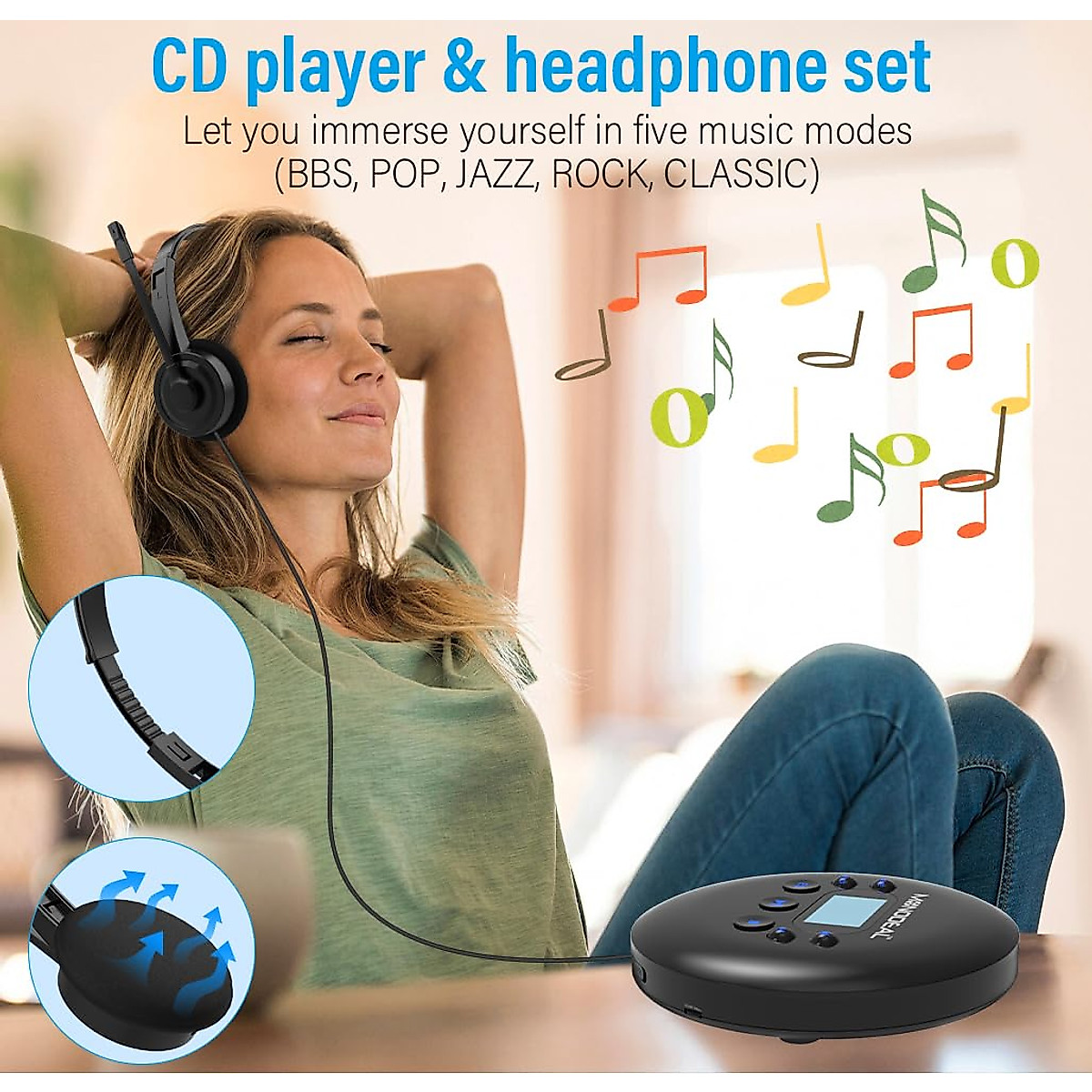 【𝟐𝟎𝟐4 𝐔𝐩𝐠𝐫𝐚𝐝𝐞𝐝】 CD Player Portable, MONODEAL Portable CD Player with Headphones,Small Personal CD Player with LCD Display,Anti-Skip/Shockproof, Rechargeable Walkman CD Player for Car