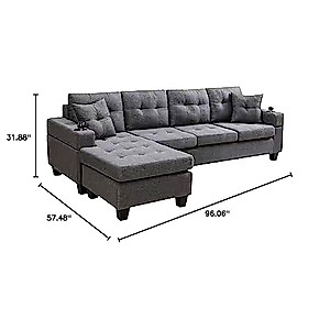 DNYN Modern Sectional Sofa Couch,Polyester Fabric 3-Seater L-Shape Corer Sofá with Chaise & Cup Holders & Removable Cushions & Throw Pillows, Furniture for Home or Office, Gray
