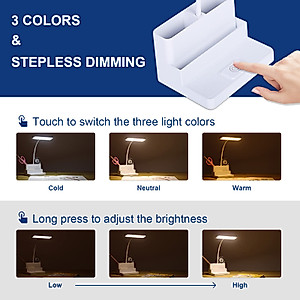 PULRELAS Small LED Desk Lamp with Pen/Phone Holder, Rechargeable Desk Light with Flexible Gooseneck, 3 Color Modes, Stepless Dimming, Eye Caring, Small Study Lamp for Dorm, Bedroom