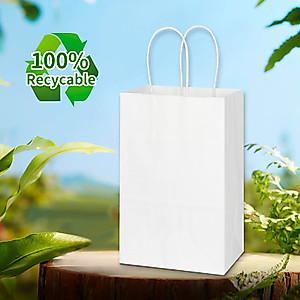 Toovip 100 Pack 5.25x3.25x8.25 Inch Small White Kraft Paper Bags with Handles Bulk, Gift Wrap Bags for Favor Grocery Retail Party Birthday Shopping Business Goody Craft Sacks Merchandise Take Out Cub