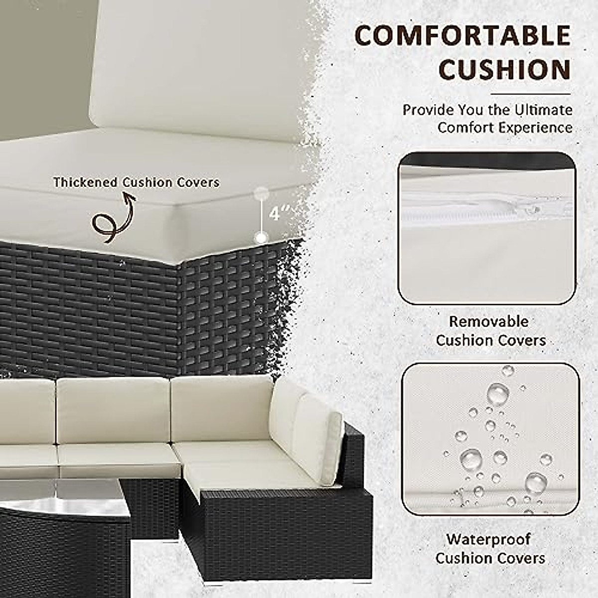 6 Pieces Patio Furniture Set All Weather Outdoor Couch, Modular Outdoor Sectional Sofa, Rattan Wick Patio Conversation Sofa Set with Washable Cushions & Glass Table for Deck, Porch, Backyard, Black