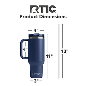 RTIC 40 oz Road Trip Tumbler Double-Walled Insulated Stainless Steel Portable Travel Coffee Mug Cup with Lid, Handle and Straw, Navy
