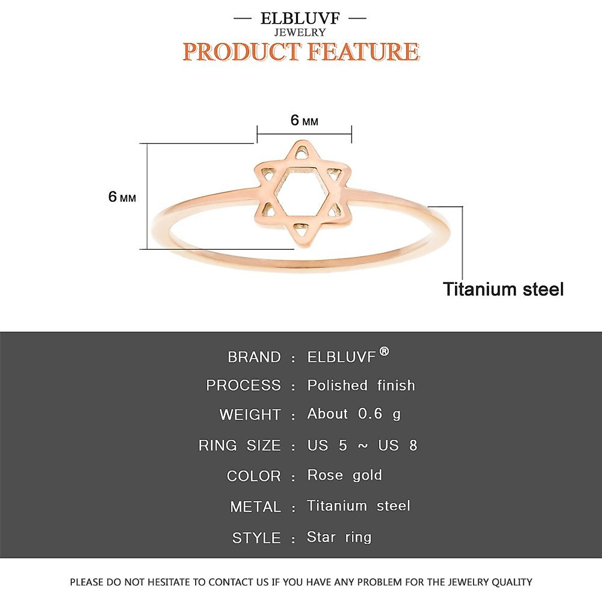 ELBLUVF Stainless-steel14k Rose Gold Plated Star of David Jewish Star Little Finger Ring (7)