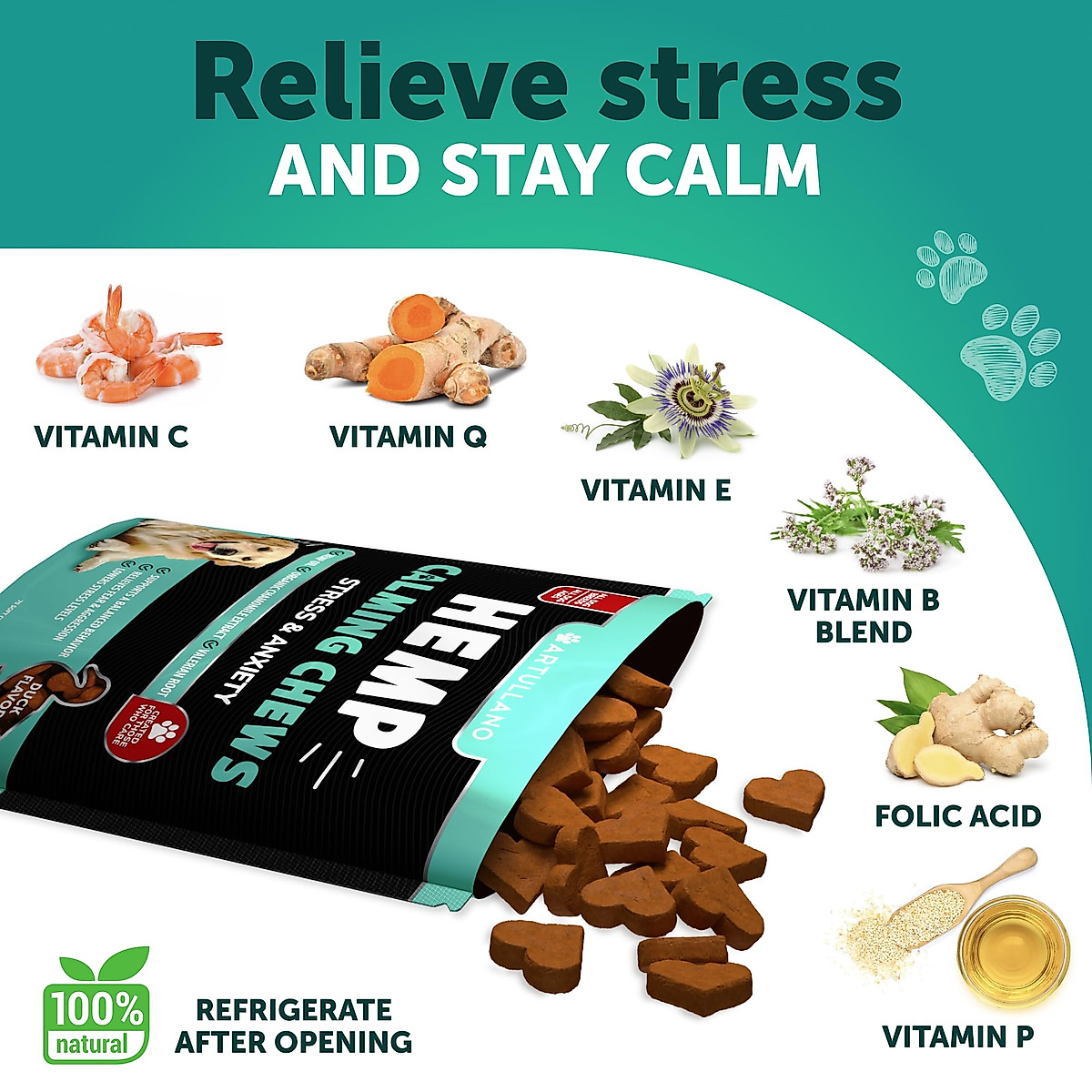 Artullano Hemp Calming Chews for Dogs - Advanced Dog Calming Treats - Dog Calming Chews - Anxiety Relief Treats - Thunderstorms, Separation Aid, Barking, Stress Relief - Hemp Oil - 70 Chews