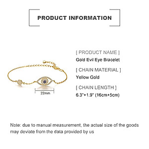 Solid 18K Gold Over 925 Silver Moissanite Evil Eye Bracelet for Women,Dainty Adjustable Evil Eye Charm Chain Bracelet,Fashion Christmas Jewelry Gift for Her (Yellow Gold, 18K Gold)
