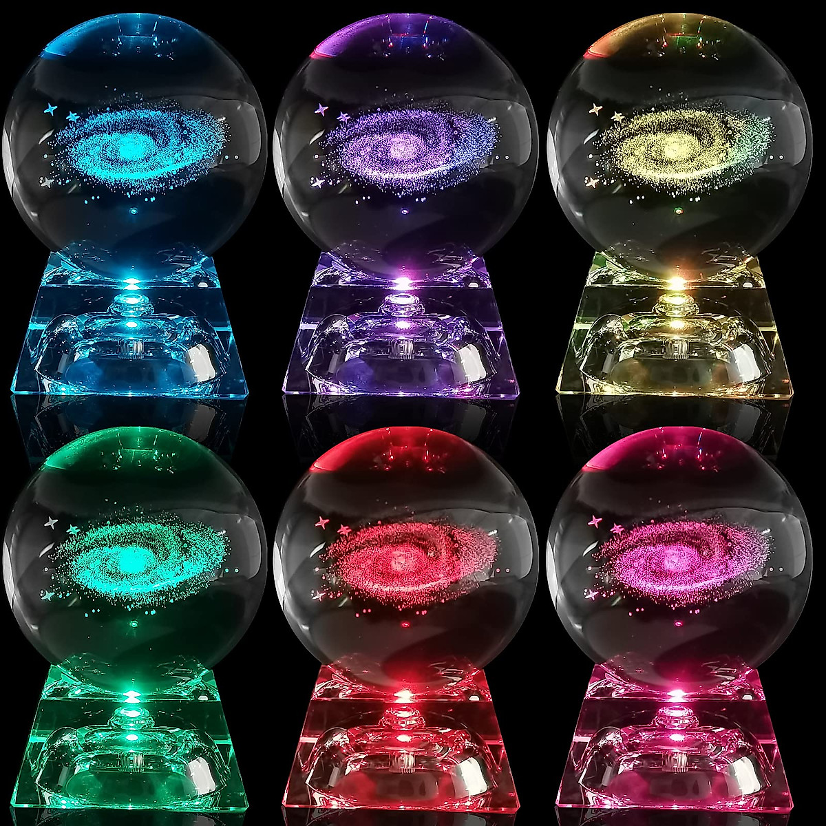 FTYTEK 3D Galaxy Crystal Ball Night Lamp, Clear 80mm (3.15 inch) Galaxy Glass Ball with Colorful LED Base, Best Birthday Gift for Kids, Teacher of Physics, Girlfriend Gift, Classmates and Kids Gift