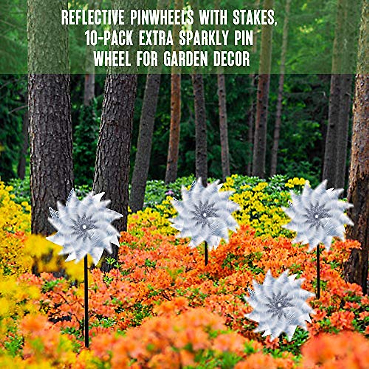 Hausse 10 Pack Reflective Pinwheels with Stakes, Extra Sparkly Pinwheel for Garden Decor, Bird Devices Deterrent to Scare Birds Away from Yard Patio Farm