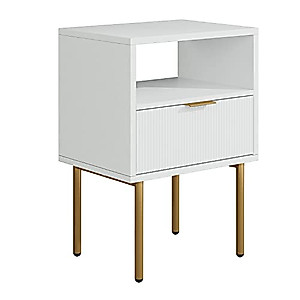 Aobafuir Nightstand, Drawer Dresser for Bedroom, Small Side Table with Drawer, Bedside Furniture, Night Stand, End Table with Gold Frame for Bedroom,Living Room,White