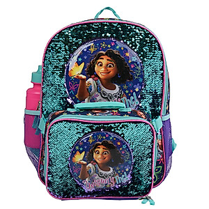 Disney Encanto Mirabel 4 Piece Backpack set, Flip Sequin School Bag for Girls with Front Zip Pocket, Mesh Side Pockets, Insulated Lunch Bag, Water Bottle, and Squish Ball Dangle