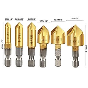 Countersink Drill Bit Set, Aplus HSS Countersink Drill Bit Set Hex Shank HSS Counterbore Reamer Countersink Chamfer Countersink Bit Set 6Pcs 5 Flute 90 ° Meter for Wood 1/4'' 6mm-19 mm