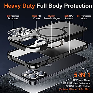 SUPFINE Magnetic for iPhone 13 Pro Max Case [Compatible with MagSafe] [10 FT Military Grade Drop Protection] 2X [ Tempered Glass Screen Protector+Camera Lens Protector] Non-Slip Phone Case, Black