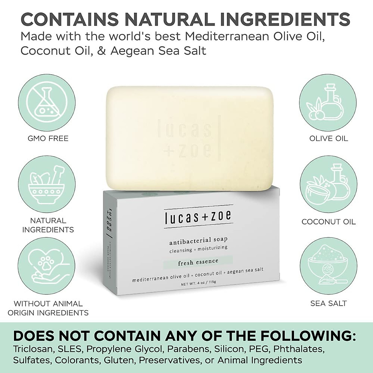 Lucas + Zoe Fresh Essence Antiseptic Bar Soap - 4 Ounce Moisturizing Body Soap Bar Made With Natural Ingredients Like Mediterranean Olive Oil, Coconut Oil, & Aegean Sea Salt - Made In Greece