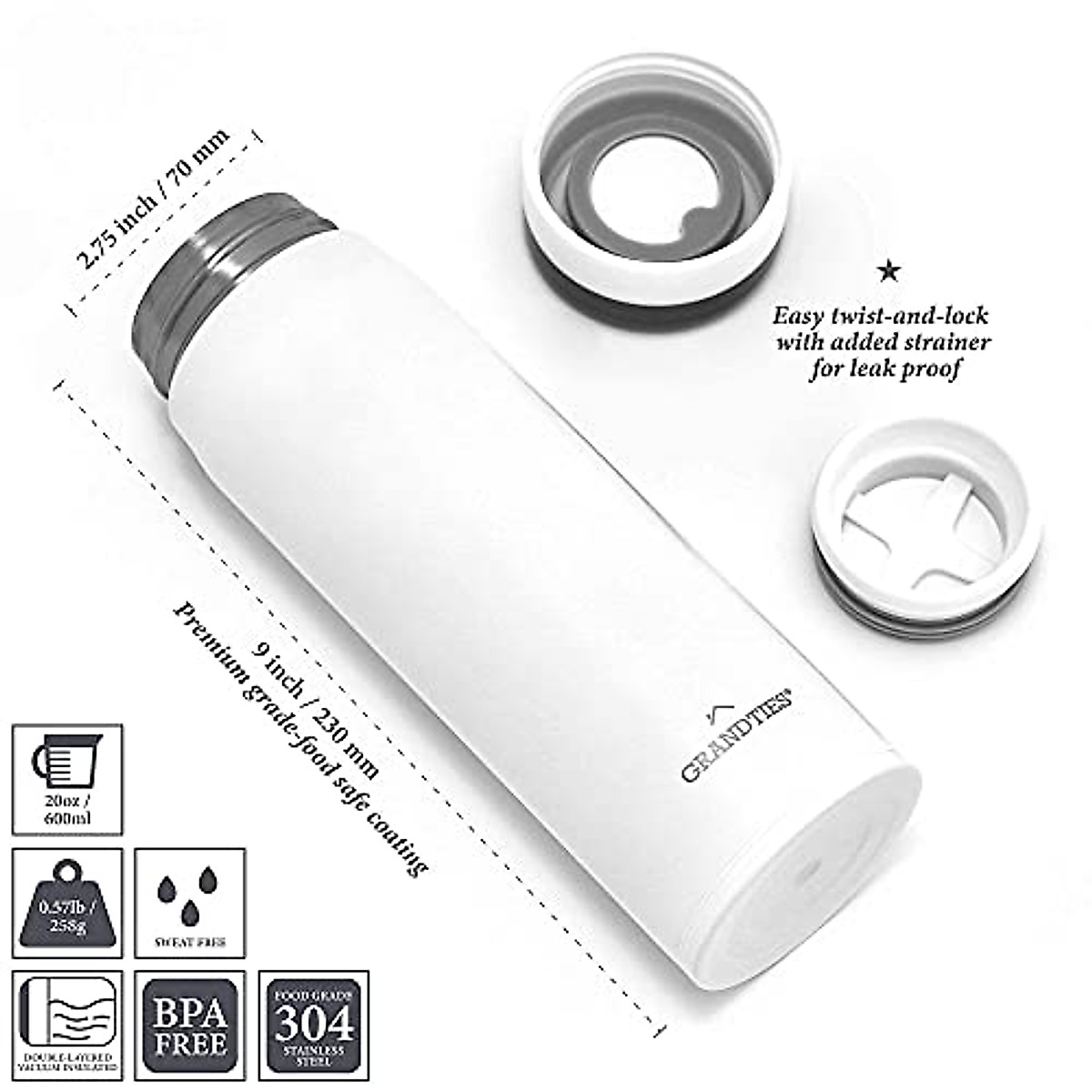 GrandTies Lightweight Travel Water Bottle with Strainer- 20oz Vacuum Insulated Water Bottles for Men & Women, Double Walled Metal Canteen, Keep Your Favorite Beverages Hot or Cold (White)