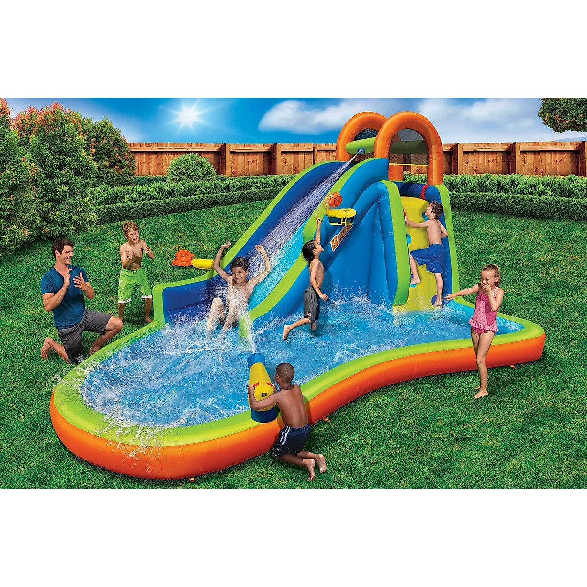 BANZAI Big Blast Water Park, Length: 14 ft 5 in, Width: 10 ft 7 in, Height: 7 ft 11 in, Inflatable Outdoor Backyard Water Slide Splash Bounce Climbing Toy
