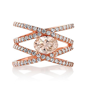 Gem Stone King 18K Rose Gold Plated Silver Peach Morganite Criss Cross Ring For Women (1.93 Cttw, Oval 8X6MM, Available in size 5, 6, 7, 8, 9)