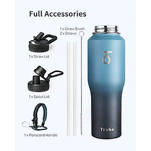 Trebo 32oz Insulated Water Bottle that Fits in Cup Holder, Stainless Steel Double Wall Tumbler Flask Bottles with Paracord Handle, with Straw Spout Lids, Keep Cold for 48 Hrs/Hot 24 Hrs,Indigo/Black