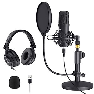 MAONO AU-A04T USB Microphone with AU-MH601 Studio Monitor Headphones Bundle Streaming Podcasting Pack Plug and Play for Computer, YouTube, Music