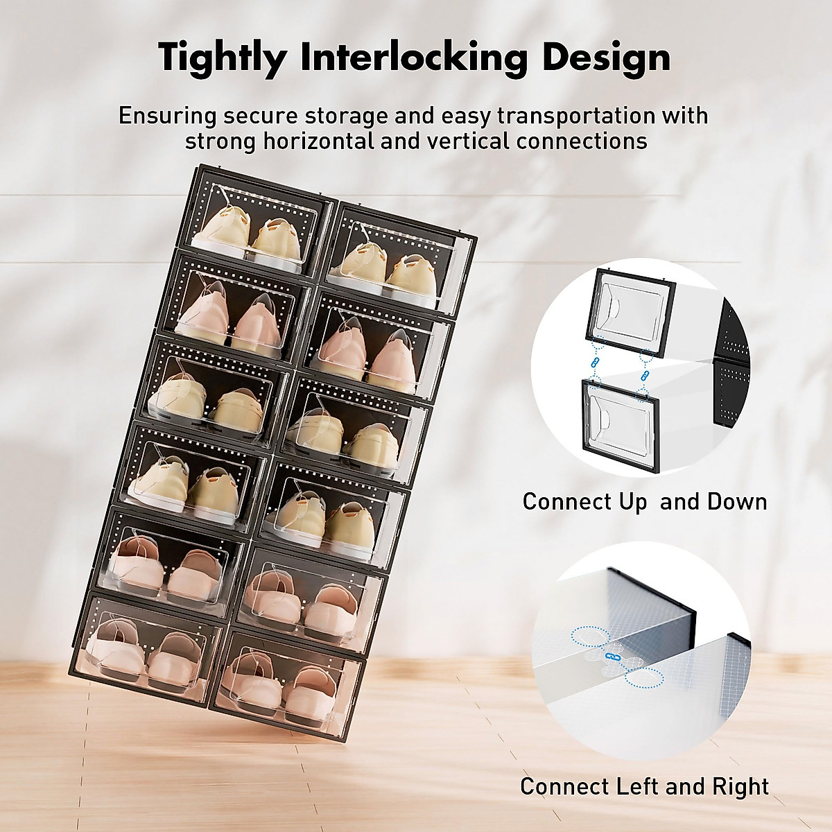 Foluck Shoe Storage Box, 15 Pack Clear Plastic Stackable Shoe Organizer for Closet, Interlocking Design Shoe Container Bins for Sneakers, Foldable Shoe Rack with Lids, Black