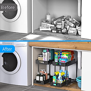 Under Sink Organizers and Storage, 2 Pack Pull-out Large Capacity Under Bathroom and Kitchen Cabinet Storage Drawer Organizer with Hooks, Multi-purpose Heavy Load Under Sink Shelf Organizer, Black