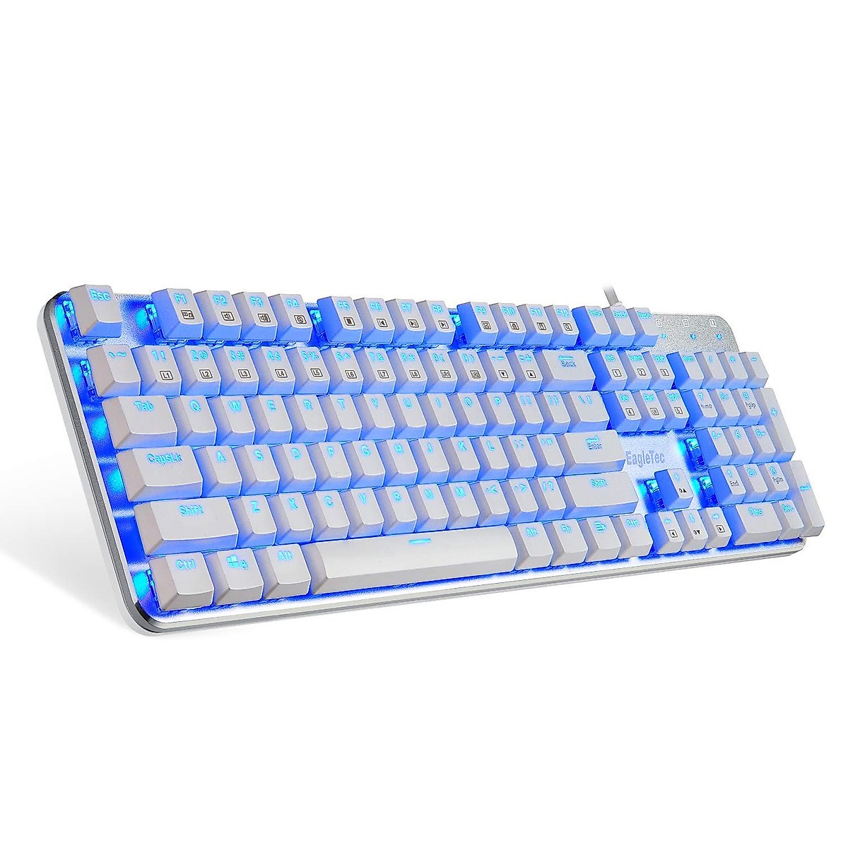 EagleTec KG051-BR BLUE LED Backlit Mechanical Gaming Keyboard Low Profile Mechanical Gamers Keyboard 104 Key Mechanical Computer USB Gaming Keyboard for PC (WHITE VERSION)