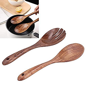 2 Pcs Salad Tongs, Wooden Salad Servers, Fork and Spoon Set for Cooking