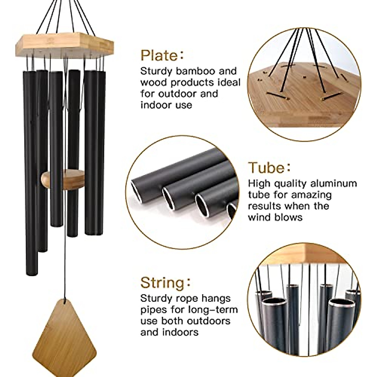 Howarmer Wind Chimes Outdoor Deep Tone, 30 Inches Wind Chimes Outdoor, Memorial Wind Chimes with Hook as Gifts for Mother's Day/Housewarming/Christmas, Patio, Garden, Yard, Home Decor. Black