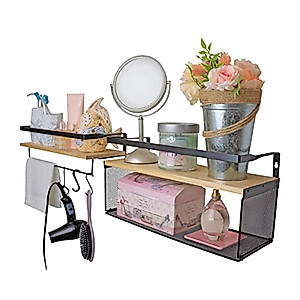 Pre-Drilled Floating Shelves for Bath, Kitchen, & Bedroom - Wall Mounted Natural Wood Floating Shelves with Steel Towel Bar, Mesh Storage Basket & Hardware for Installation - 2 Pack