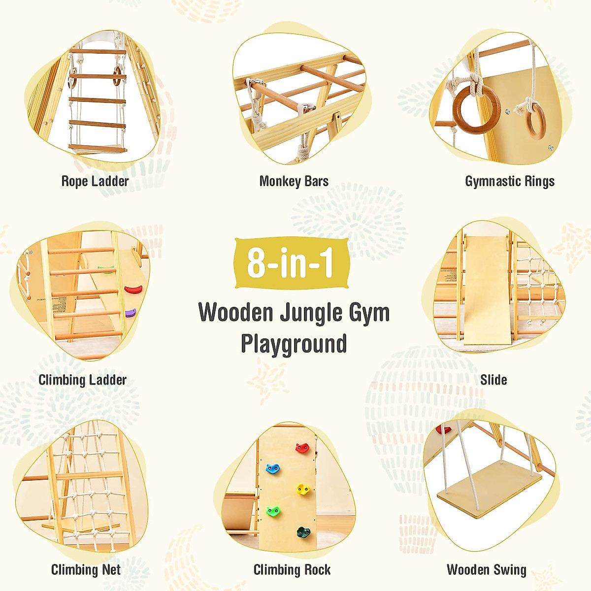 Costzon Indoor Jungle Gym, 8-in-1 Montessori Climbing Toys for Toddlers with Slide, Climbing Rock/Net, Monkey Bars, Indoor Wooden Playground Climber Playset for Kids 3-6 Years Birthday