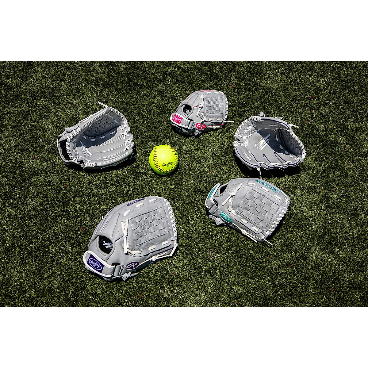 Rawlings Sure Catch Series Fastpitch Softball Glove, Teal/Grey/White, Right Hand Throw, 11 inch (SCSB110M-6/0 11 BSK/NFC)