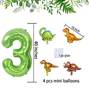 40 Inch Green Number 3 with Mini Dinosaur Balloon, Tyrannosaurus Rex Velociraptor Triceratops Brontosaurus Foil Balloons for Kid Birthday Cute Dino Baby Shower Party Decorations