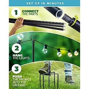 BACKYARD THERAPY Outdoor String Light Poles - 9ft Pole for Hanging Lights Outside - Galvanized & Powder Coated - Secure Ground Grip Stand - Garden, Deck, or Patio Area Lighting (2-Pack)