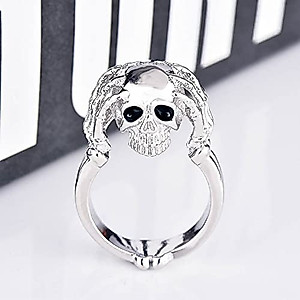 THJEW Cool Skull Head Ring for Women,S925 Sterling Silver Punk Biker Gothic Cocktail Party Halloween Headache Death Head Skeleton Skull Ring Jewelry (Ring_A, 10)