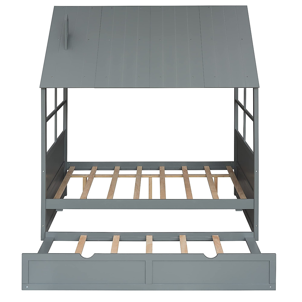 BIADNBZ Full Size House Bed with Twin Trundle, Wooden Platform BedFrame Daybed w/Roof&Window for Kids Boys Girls Bedroom, Gray